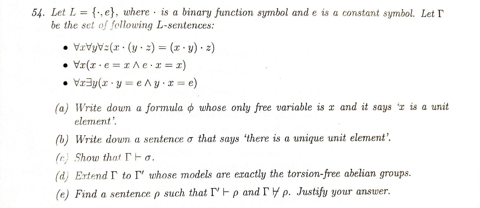 54. Let L={⋅,e}, where ⋅ is a binary function symbol | Chegg.com