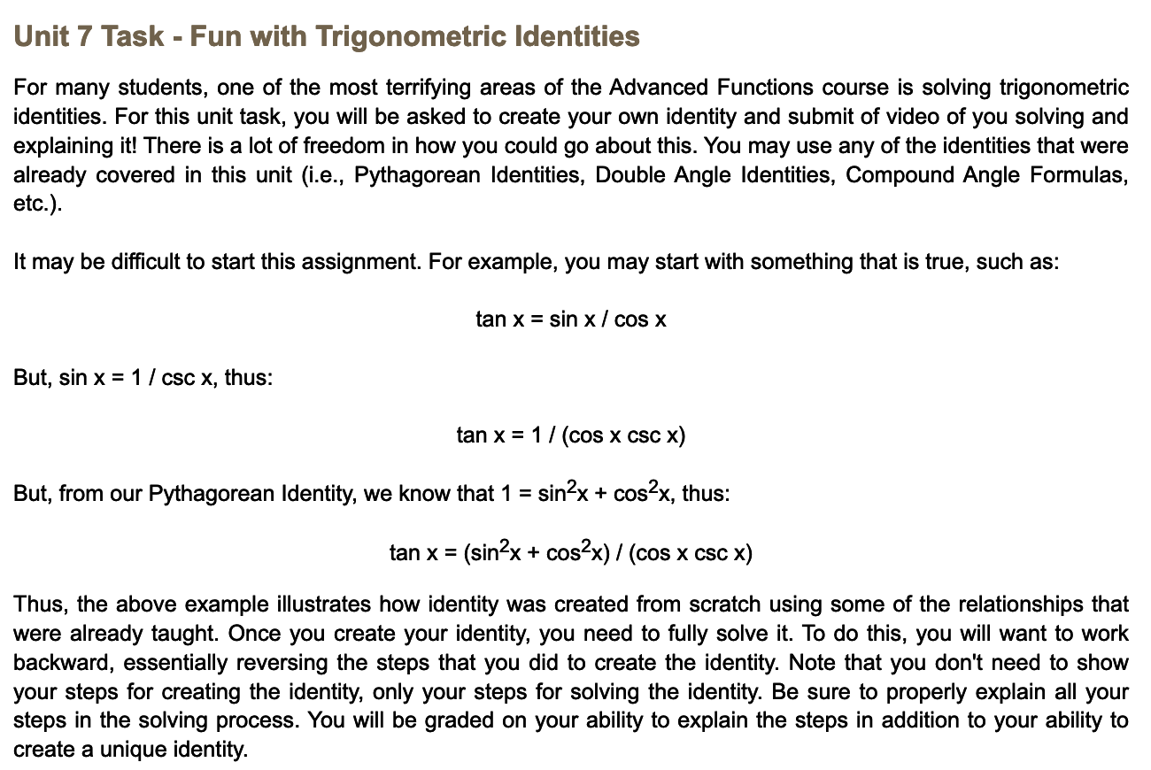 Solved Unit 7 Task - Fun with Trigonometric Identities For | Chegg.com