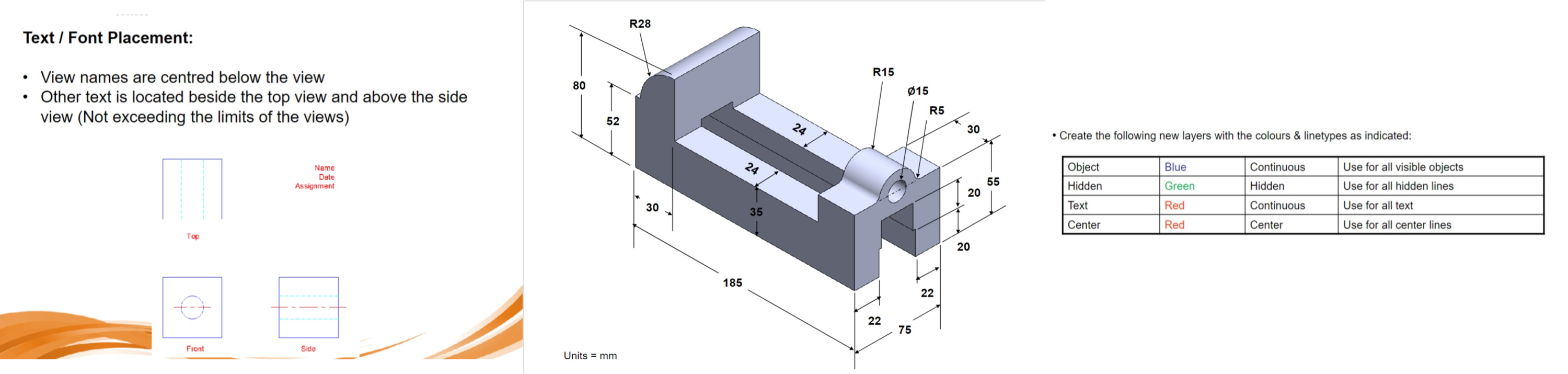 Solved In AutoCAD 2D, ﻿draw the top view, front view & side | Chegg.com