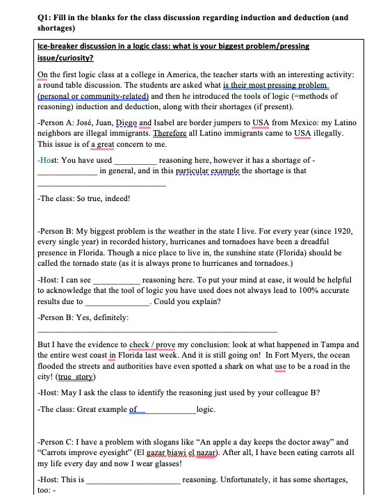 Q1: Fill in the blanks for the class discussion | Chegg.com