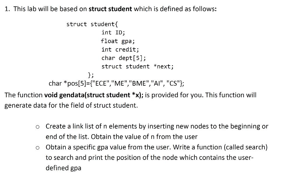 Solved Code for void gendata(struct student *x) | Chegg.com