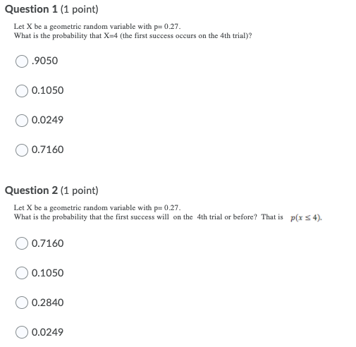 Solved Question 1 (1 point) Let X be a geometric random | Chegg.com