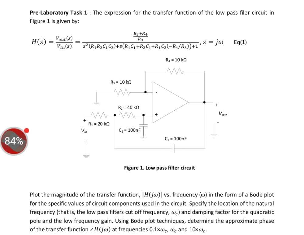 Solved Pre-Laboratory Task 1 The expression for the transfer | Chegg.com