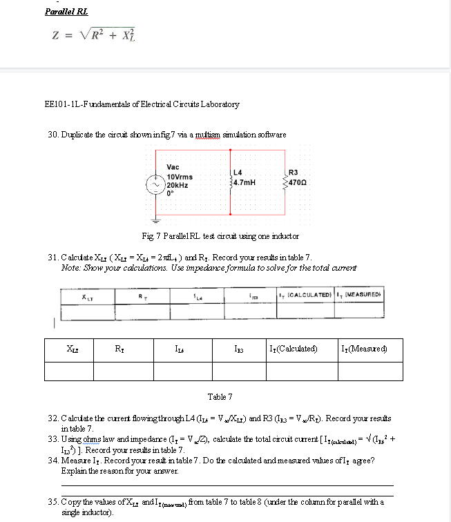 Solved Parallel RL Z=R2+XL2 EE101-1L-F undamentals of | Chegg.com