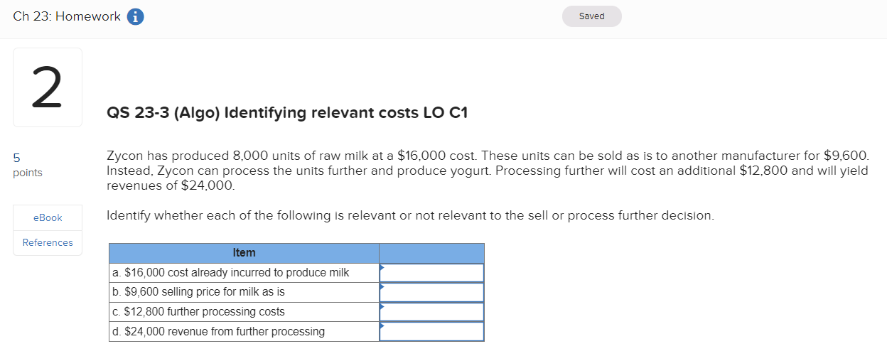Solved QS 23-3 (Algo) Identifying relevant costs LO C1 Zycon | Chegg.com