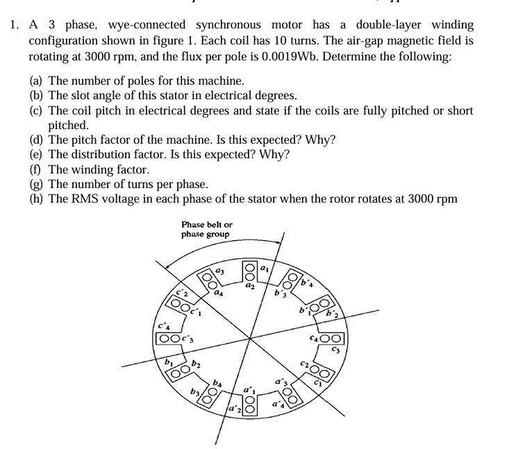 Solved 1. ﻿A 3 ﻿phase, wye-connected synchronous motor has a | Chegg.com