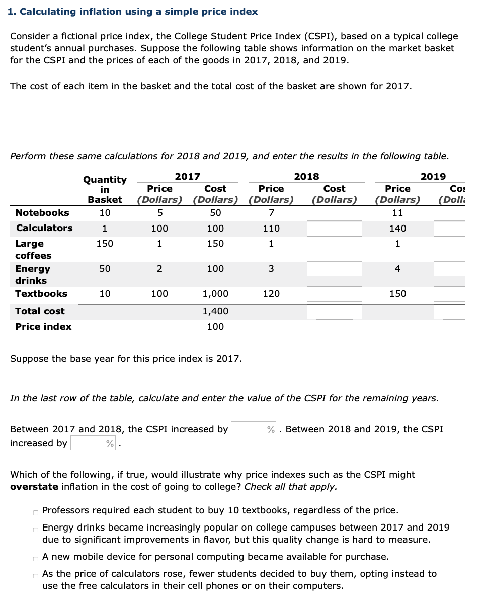 Solved 1. Calculating inflation using a simple price index | Chegg.com