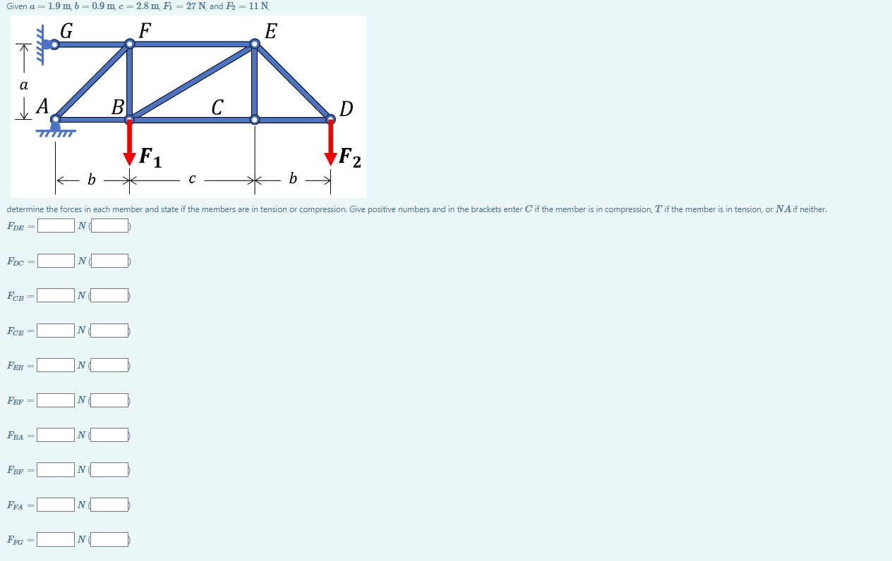 Solved Given a=1.9 m,b=0.9 m,c=2.8 m,F1=27 N, and F2=11 N, | Chegg.com