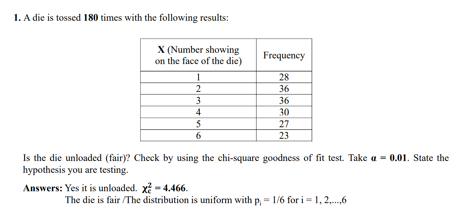 Solved 1. A die is tossed 180 times with the following | Chegg.com