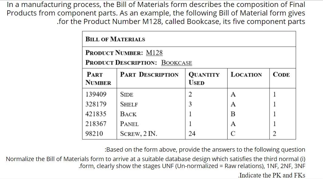 Solved In a manufacturing process, the Bill of Materials | Chegg.com