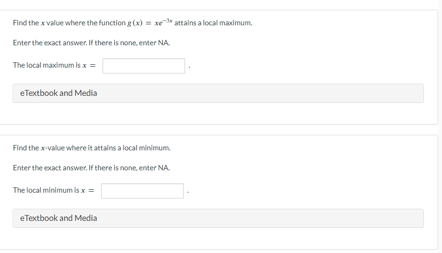 Solved Find the x ﻿value where the function g(x)=xe-3x | Chegg.com