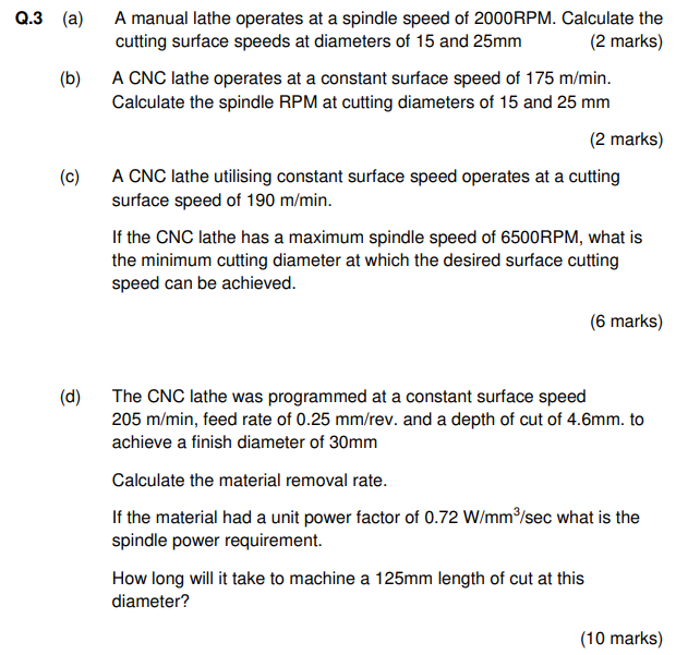 Solved (b) Q.3 (a) A manual lathe operates at a spindle | Chegg.com