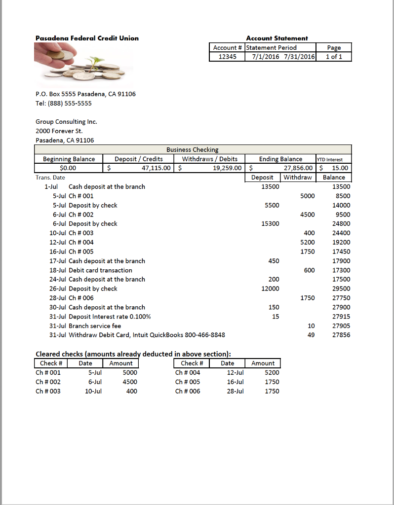 Pasadena Federal Credit Union Account Statement | Chegg.com