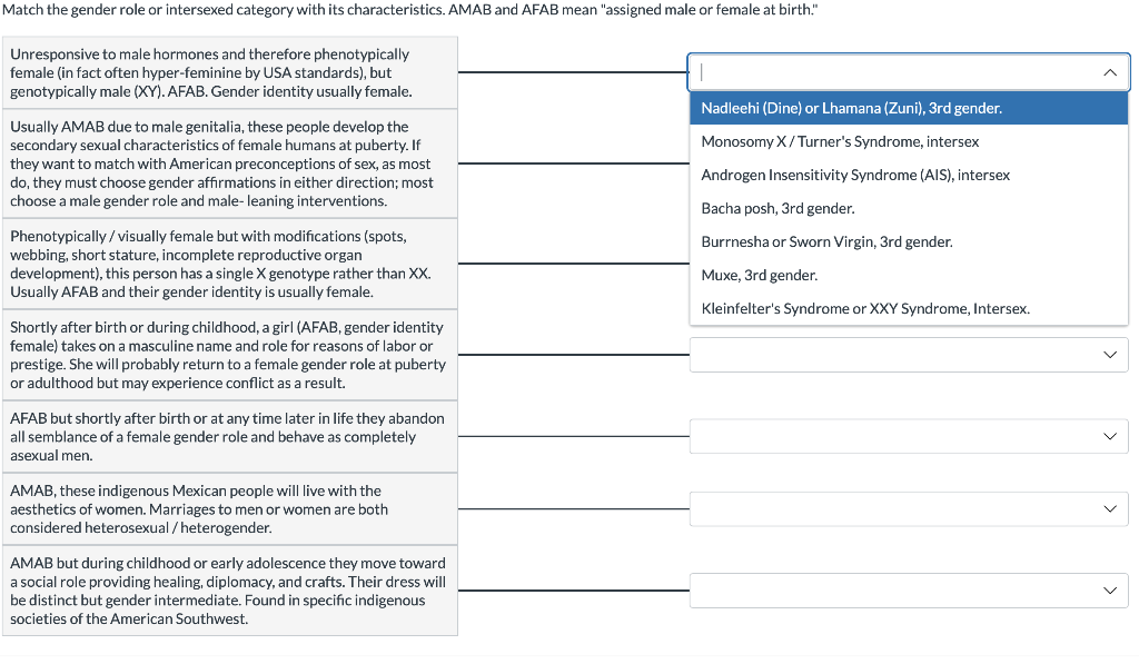Match the gender role or intersexed category with its | Chegg.com