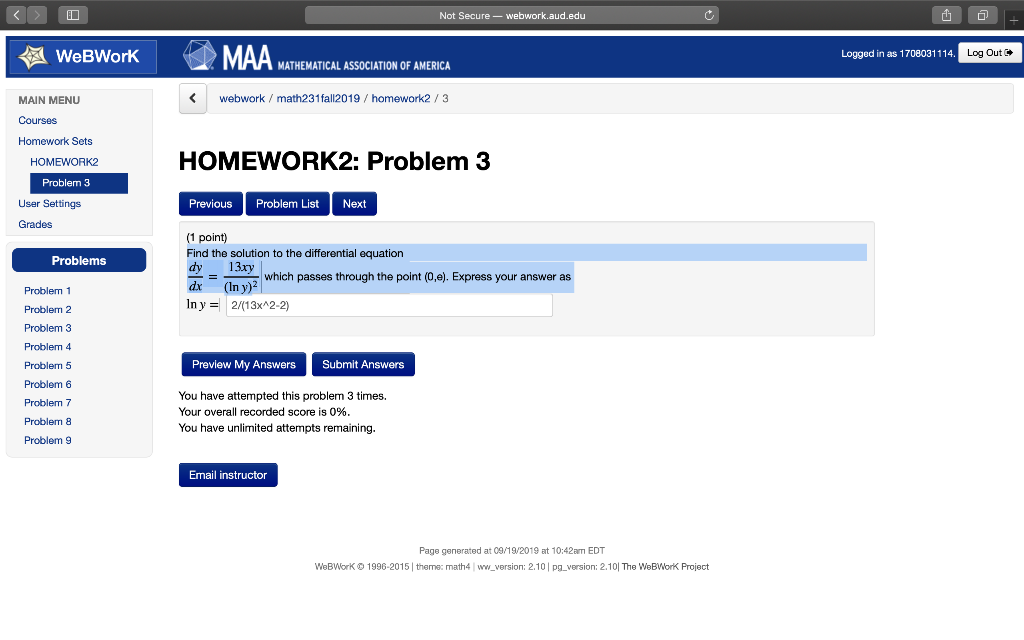 Solved Not Secure - webwork.aud.edu ů O - WebWork Logged in | Chegg.com