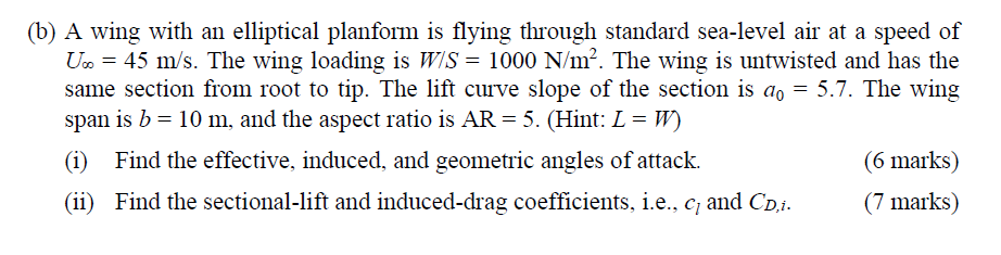 Solved (b) A wing with an elliptical planform is flying | Chegg.com