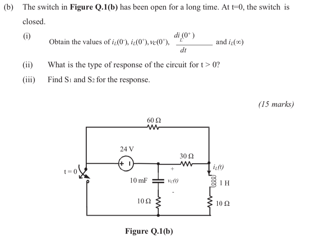 Solved (b) ﻿The switch in Figure Q.1(b) ﻿has been open for a | Chegg.com