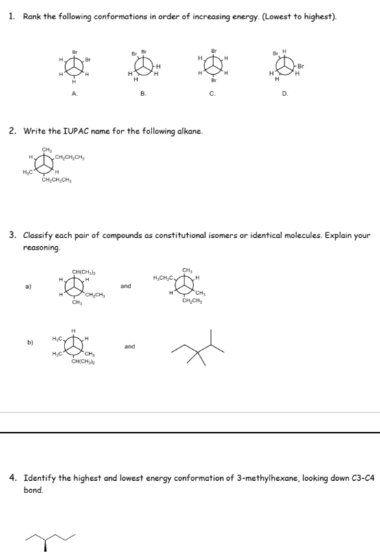 Solved 1. Rank the following conformations in order of | Chegg.com