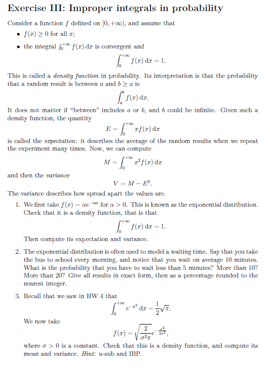 Solved Exercise III: Improper integrals in probability | Chegg.com