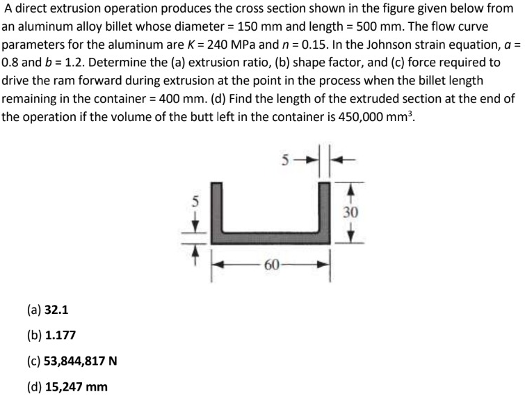 Solved A direct extrusion operation produces the cross | Chegg.com
