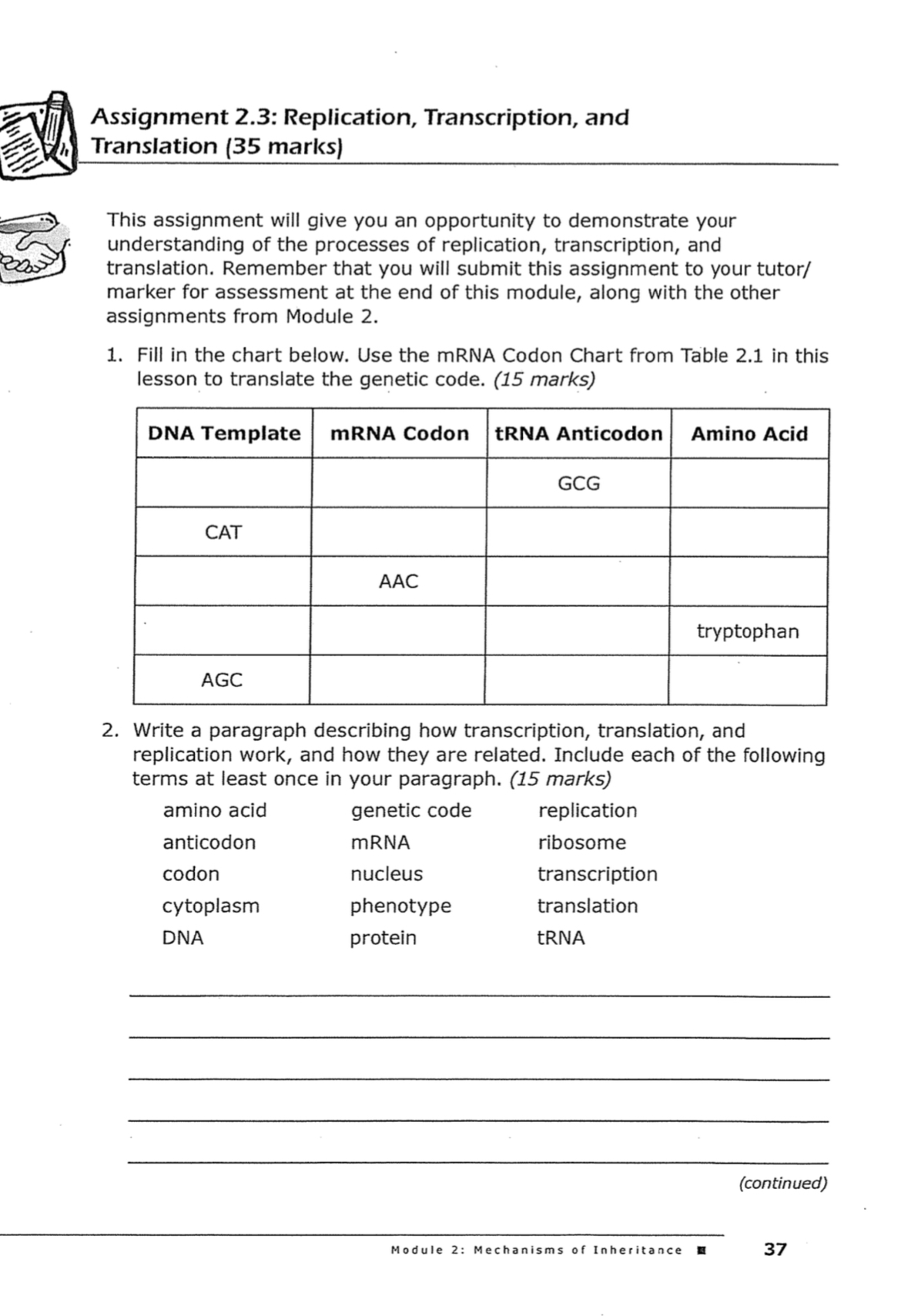 Solved Assignment 2.3: Replication, Transcription, | Chegg.com