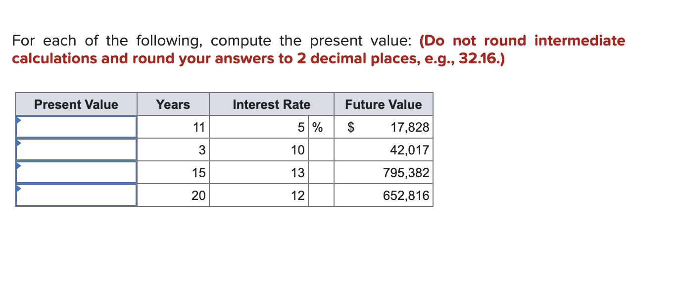 Solved For each of the following, compute the present value: | Chegg.com