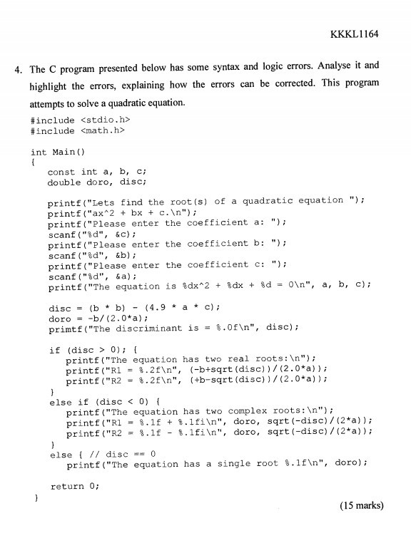 Solved KKKL1164 4. The C program presented below has some | Chegg.com