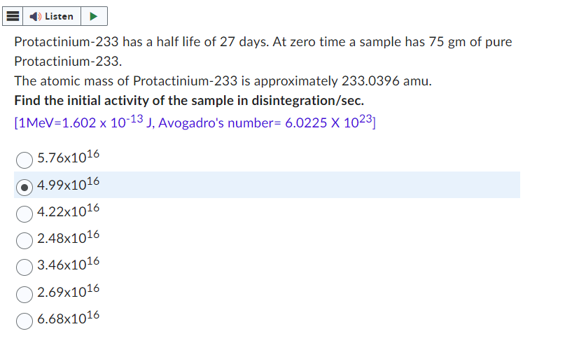 Solved Protactinium-233 ﻿has a half life of 27 ﻿days. At | Chegg.com