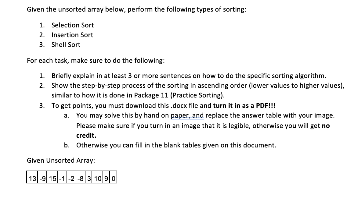 Solved Given the unsorted array below, perform the following | Chegg.com