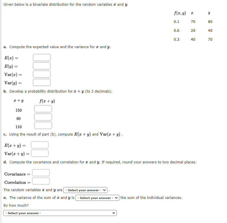 Solved Given below is a bivariate distribution for the | Chegg.com