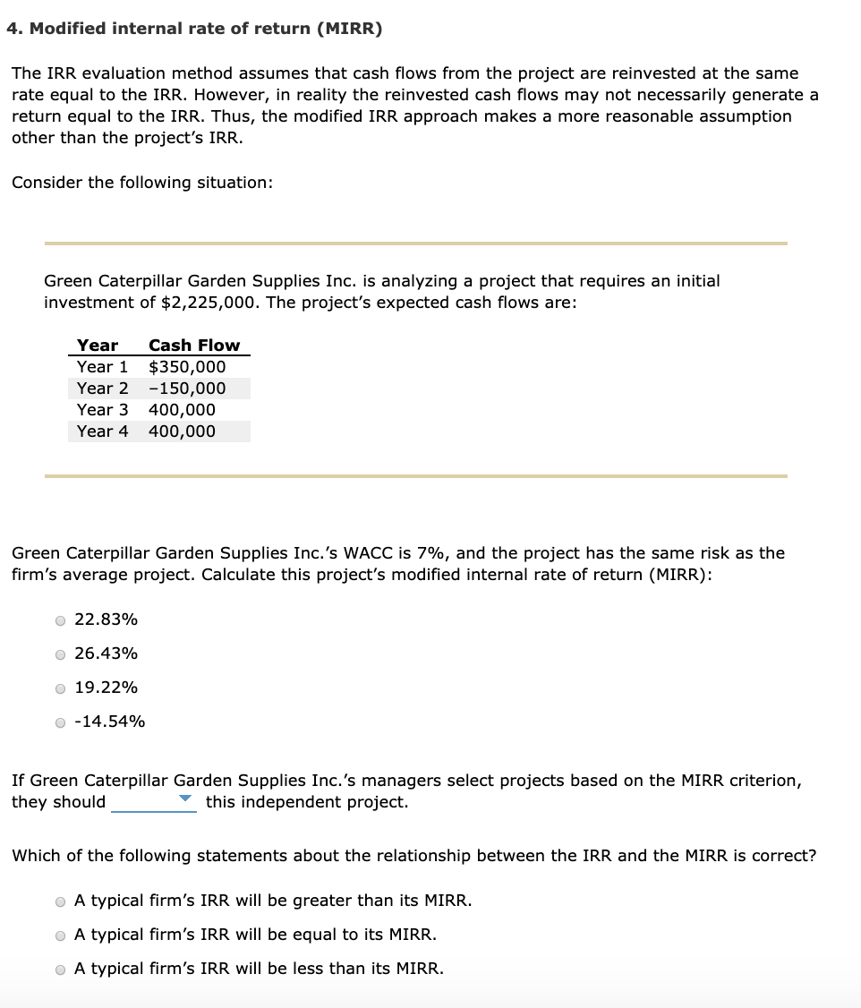 Solved 4. Modified internal rate of return (MIRR) The IRR | Chegg.com