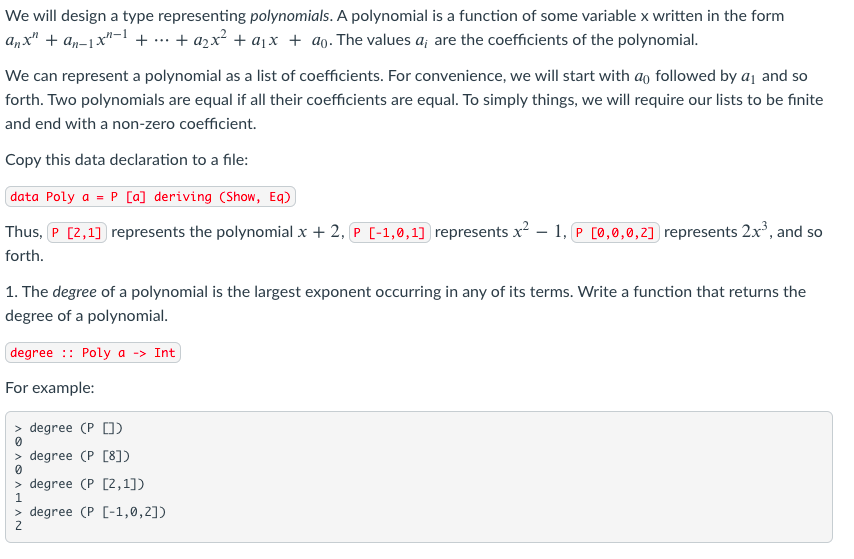 Solved We will design a type representing polynomials. A | Chegg.com