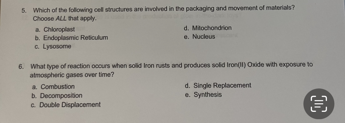 Solved 5. Which of the following cell structures are | Chegg.com