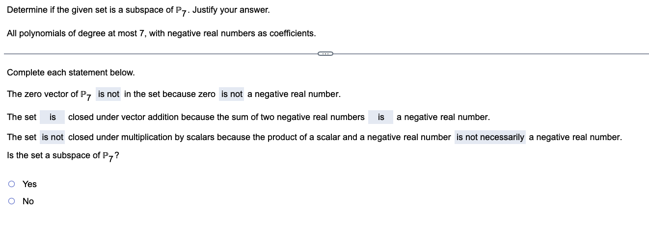 Solved Determine if the given set is a subspace of P7. | Chegg.com