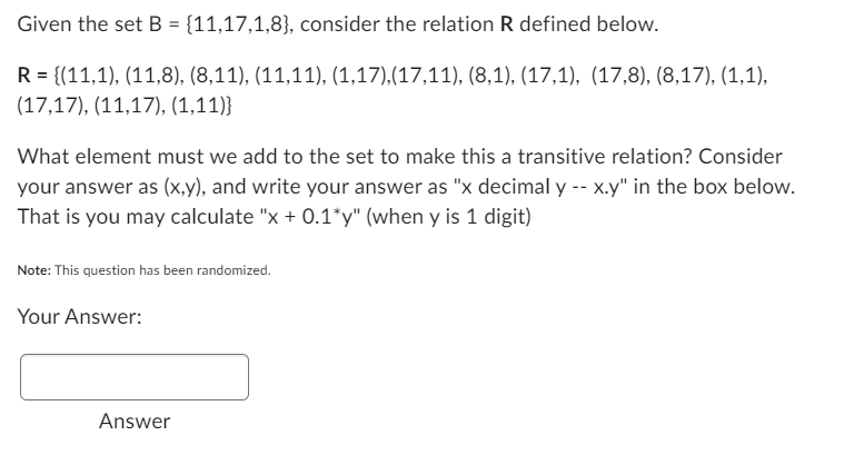 Given the set B={11,17,1,8}, consider the relation R | Chegg.com