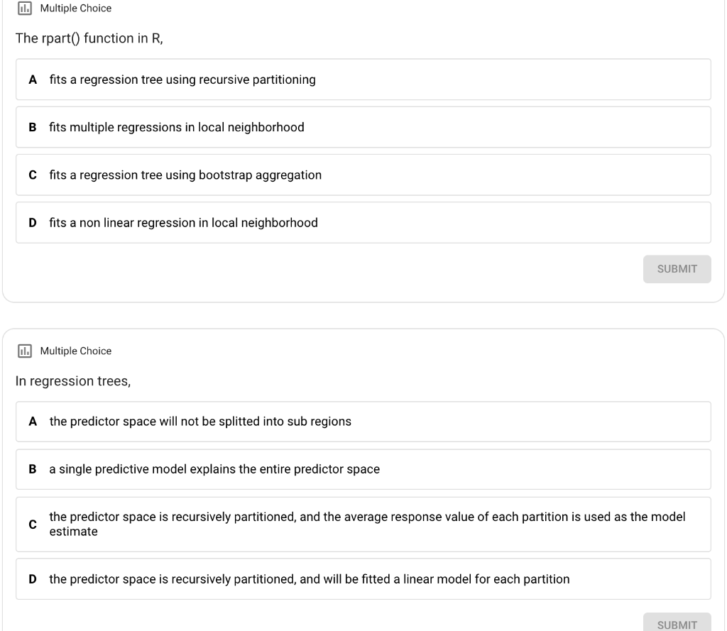 Solved ... Multiple Choice The rpart() function in R, Afits | Chegg.com