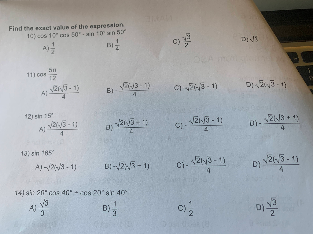 Solved Find the exact value of the expression. 10) cos 10° | Chegg.com