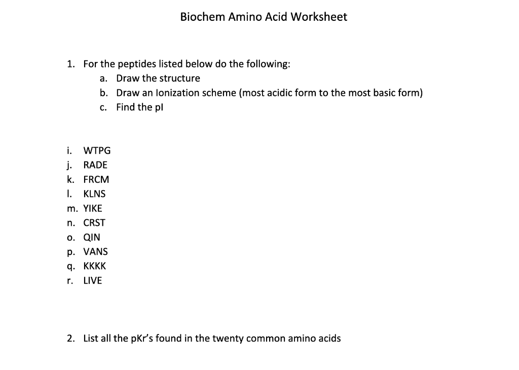 Solved Biochem Amino Acid Worksheet 1. For the peptides | Chegg.com