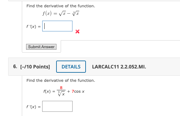 Solved Find the derivative of the function. f(x)=x−3x f′(x)= | Chegg.com