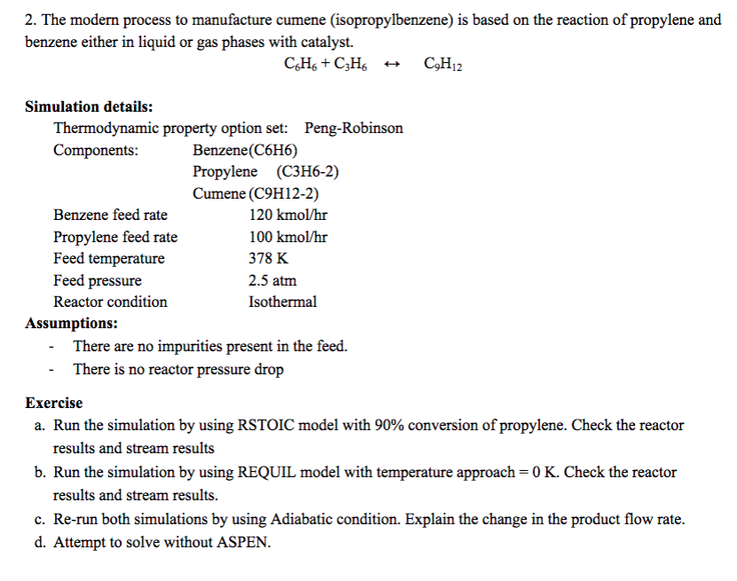 2. The modern process to manufacture cumene | Chegg.com