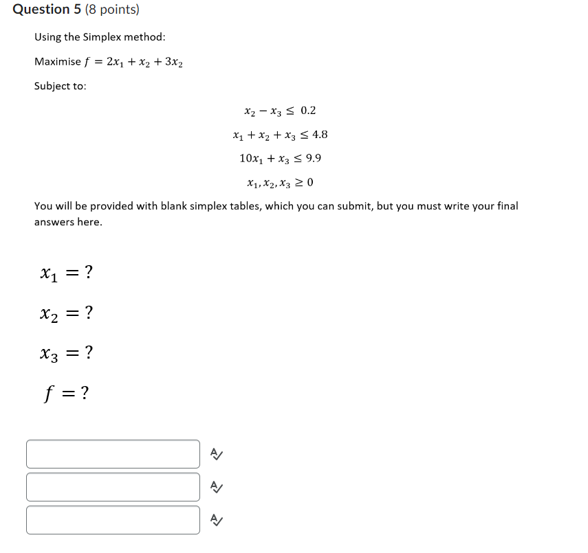 Solved Question 5 (8 points) Using the Simplex method: | Chegg.com