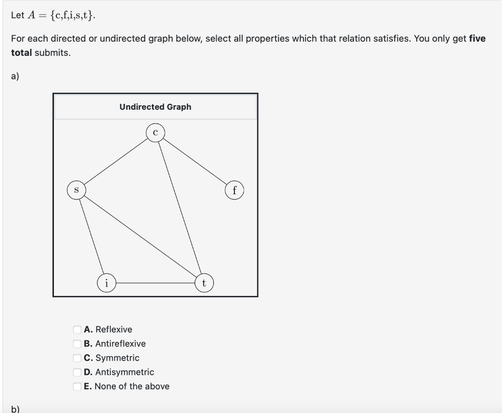 Solved A. Reflexive B. Antireflexive C. Symmetric D. | Chegg.com