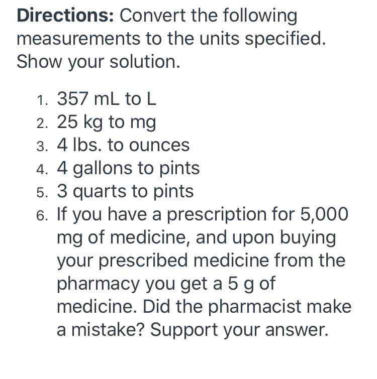 Solved Directions: Convert the following measurements to the | Chegg.com Solved Directions: Convert the following measurements to the | Chegg.com