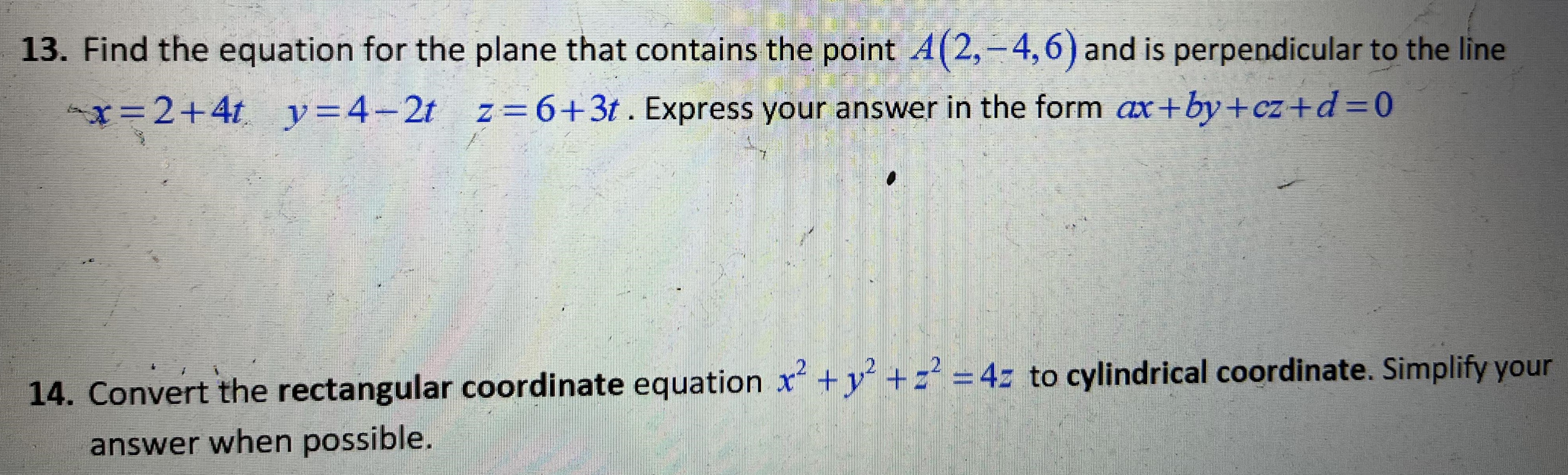 Solved 13. Find the equation for the plane that contains the | Chegg.com