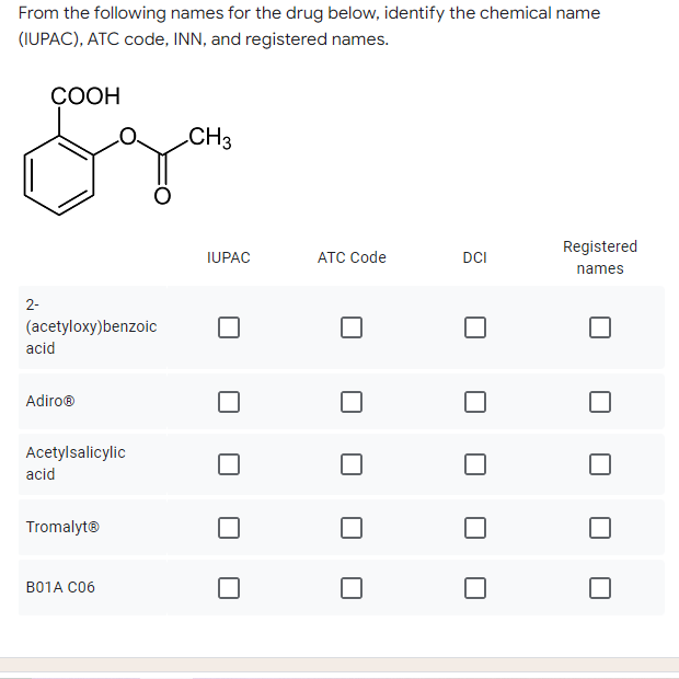 Solved From the following names for the drug below, identify | Chegg.com
