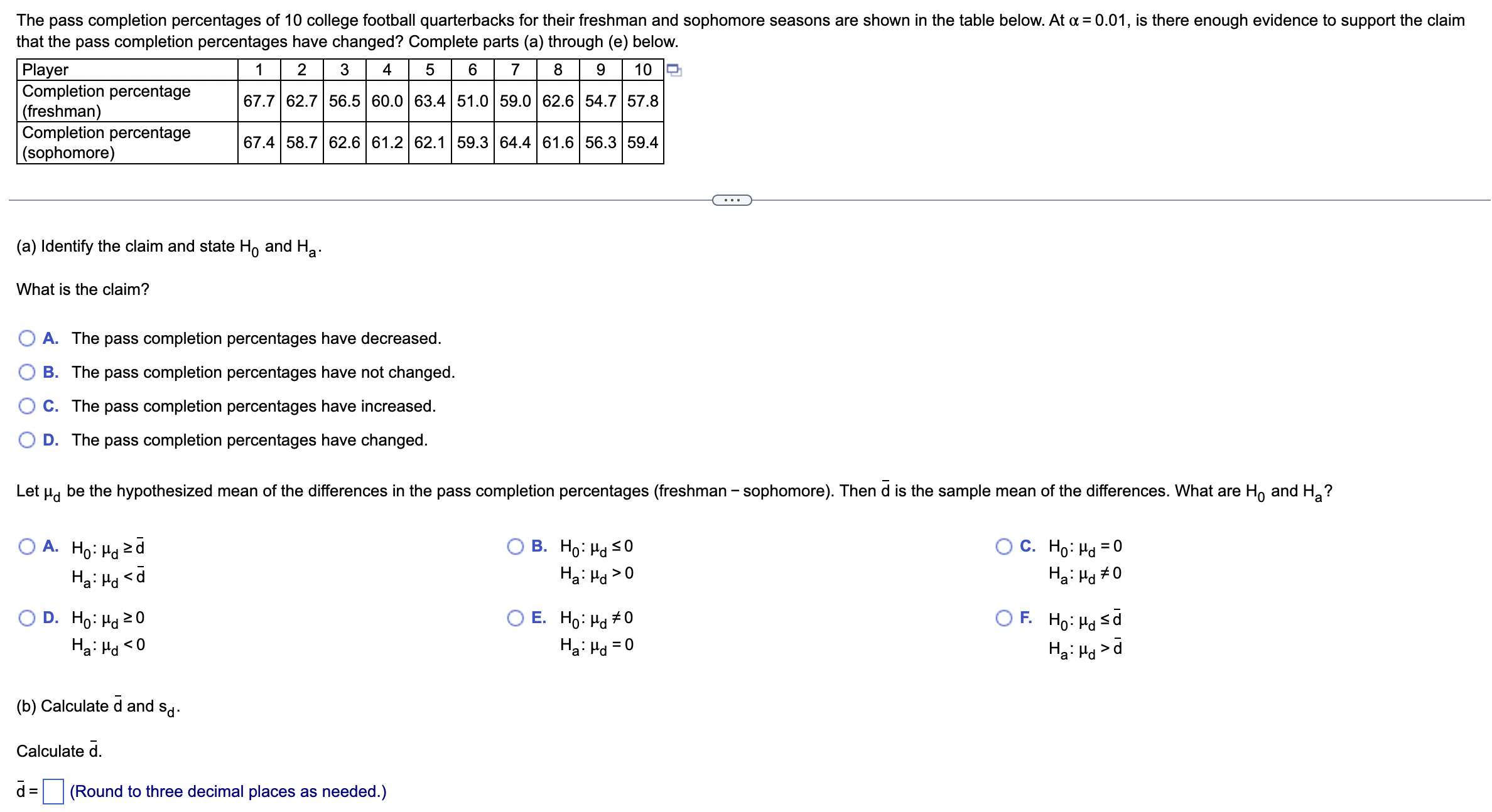 Solved The pass completion percentages of 10 college | Chegg.com