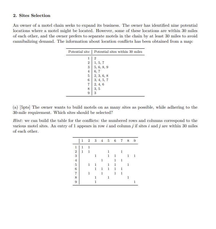 2. Sites Selection An owner of a motel chain seeks to | Chegg.com