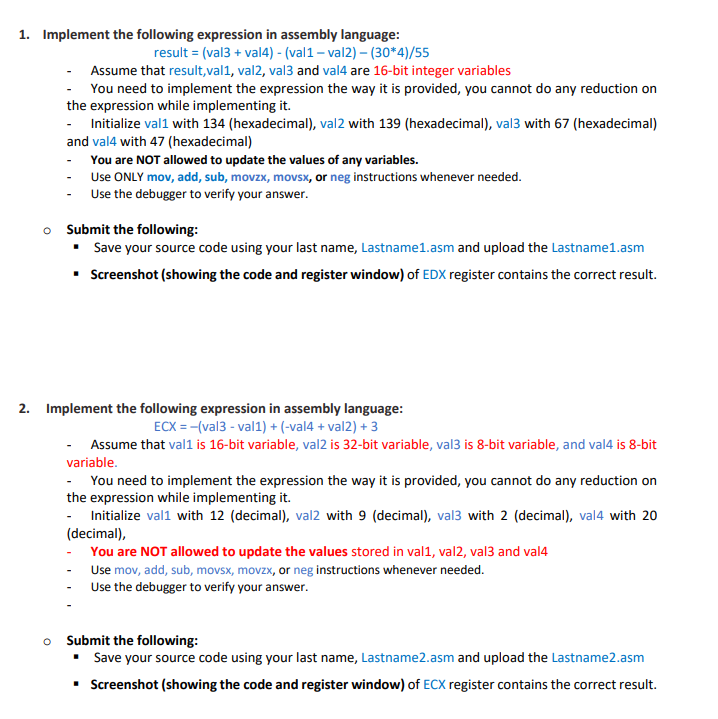 Solved Implement the following expression in assembly | Chegg.com