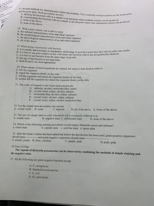 Solved 17. Several methods for obtaining pure culture are | Chegg.com