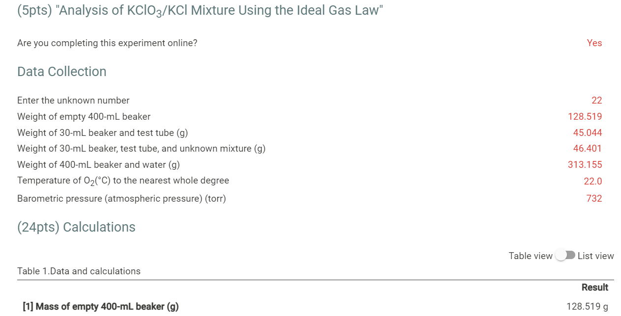 Solved (5pts) "Analysis of KClO3/KCl Mixture Using the Ideal | Chegg.com